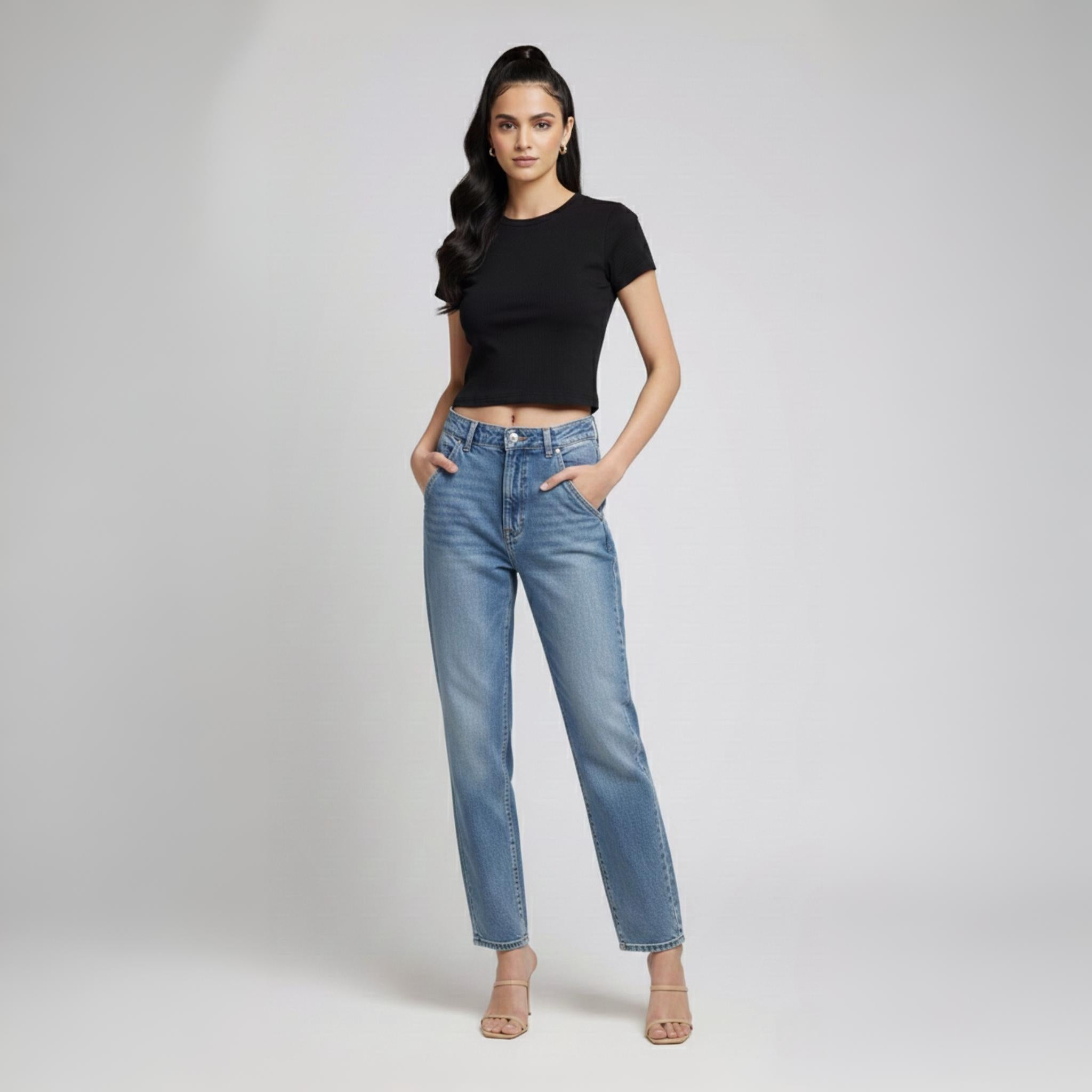 Round Neck Crop Top Half Sleeves Black – Attire Sense